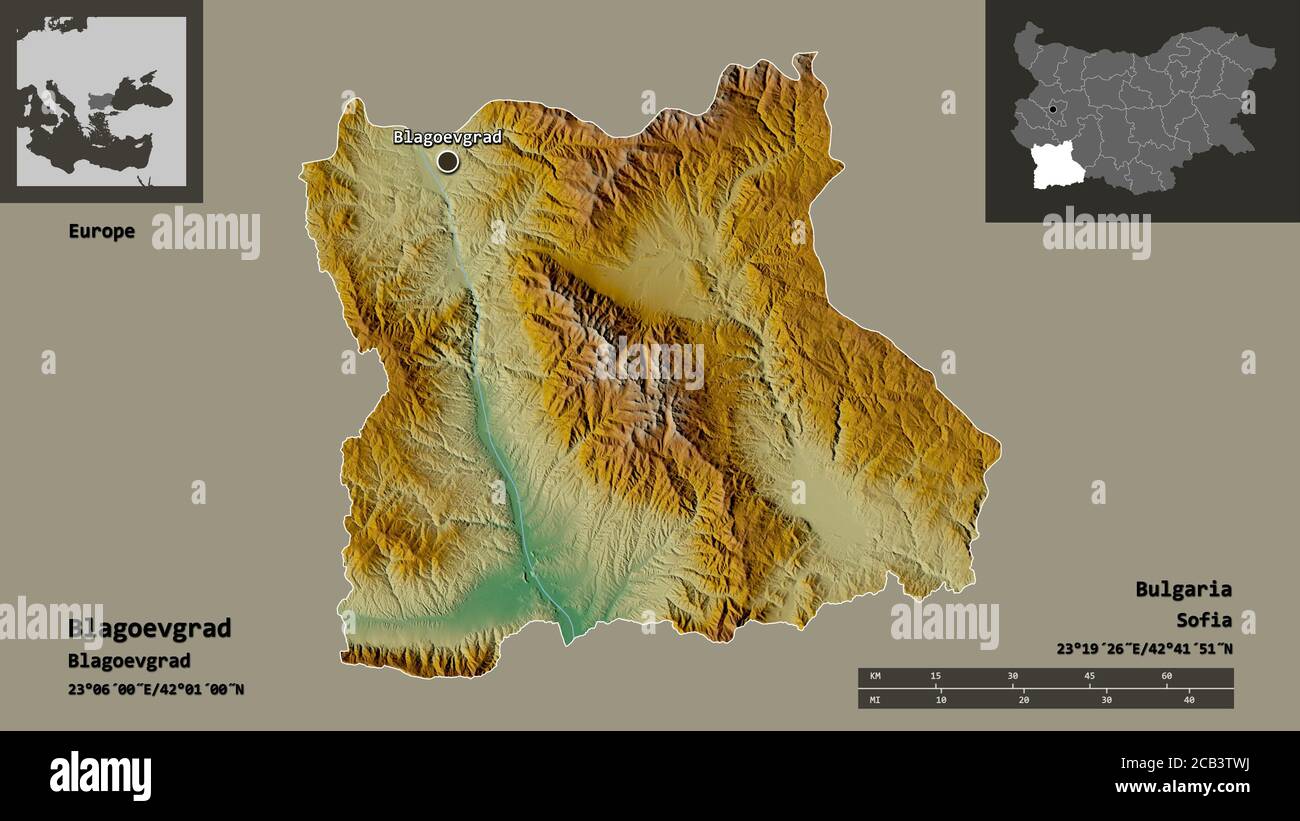 Shape of Blagoevgrad, province of Bulgaria, and its capital. Distance ...