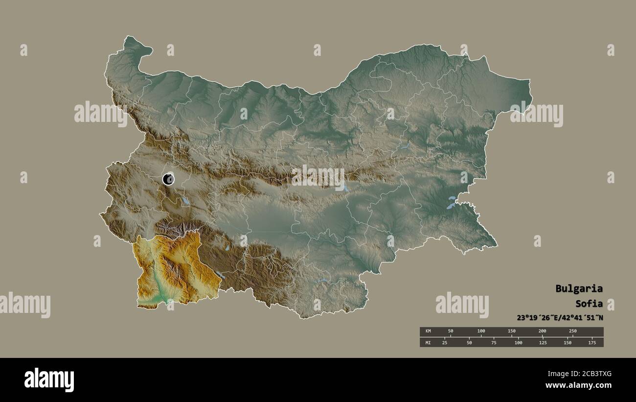 Desaturated shape of Bulgaria with its capital, main regional division ...