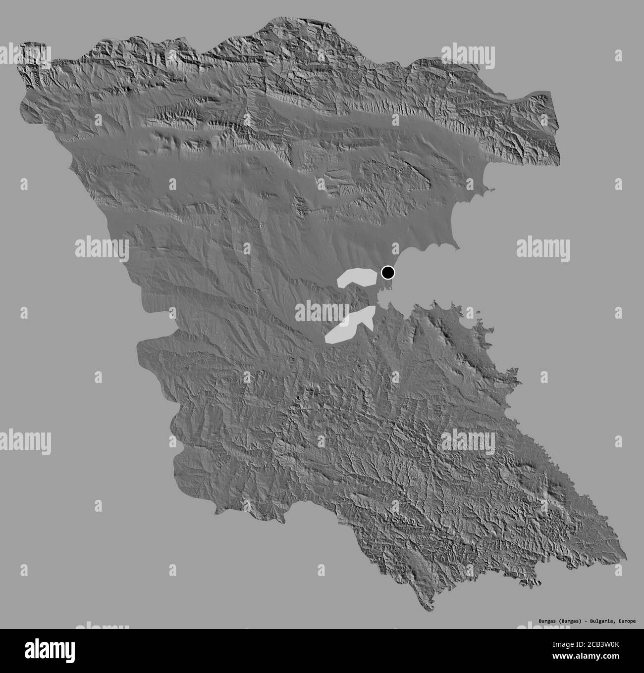 Shape of Burgas, province of Bulgaria, with its capital isolated on a ...