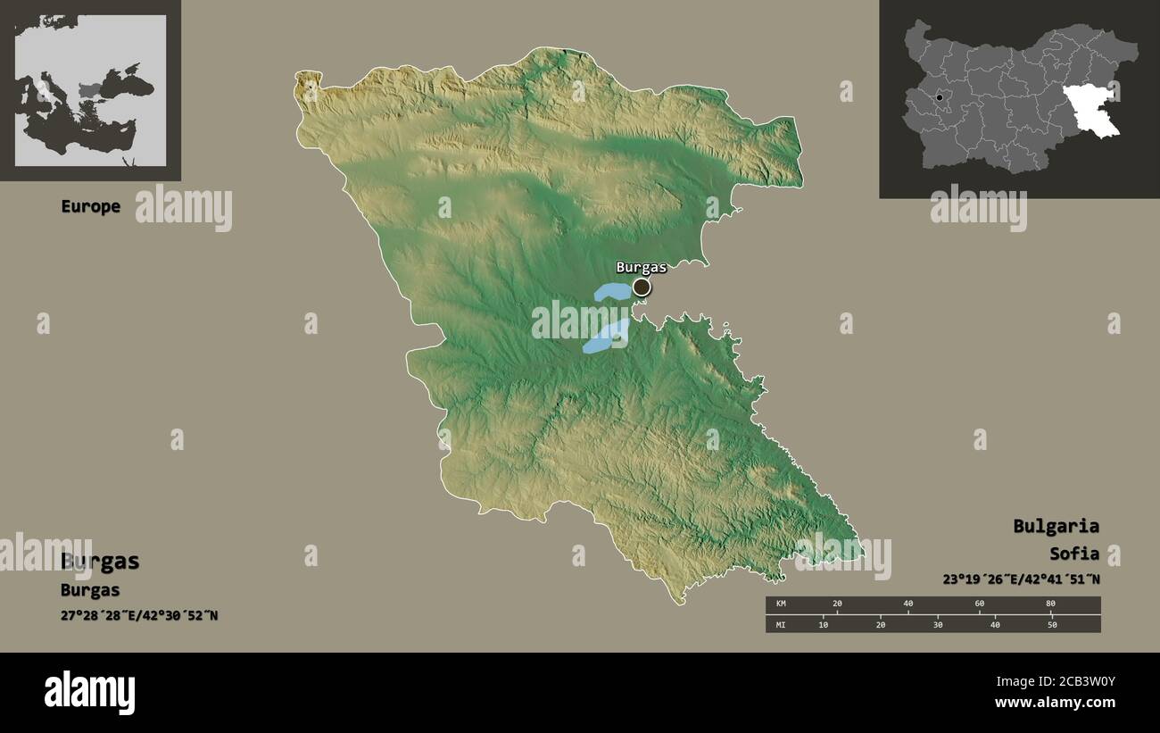 Shape of Burgas, province of Bulgaria, and its capital. Distance scale ...