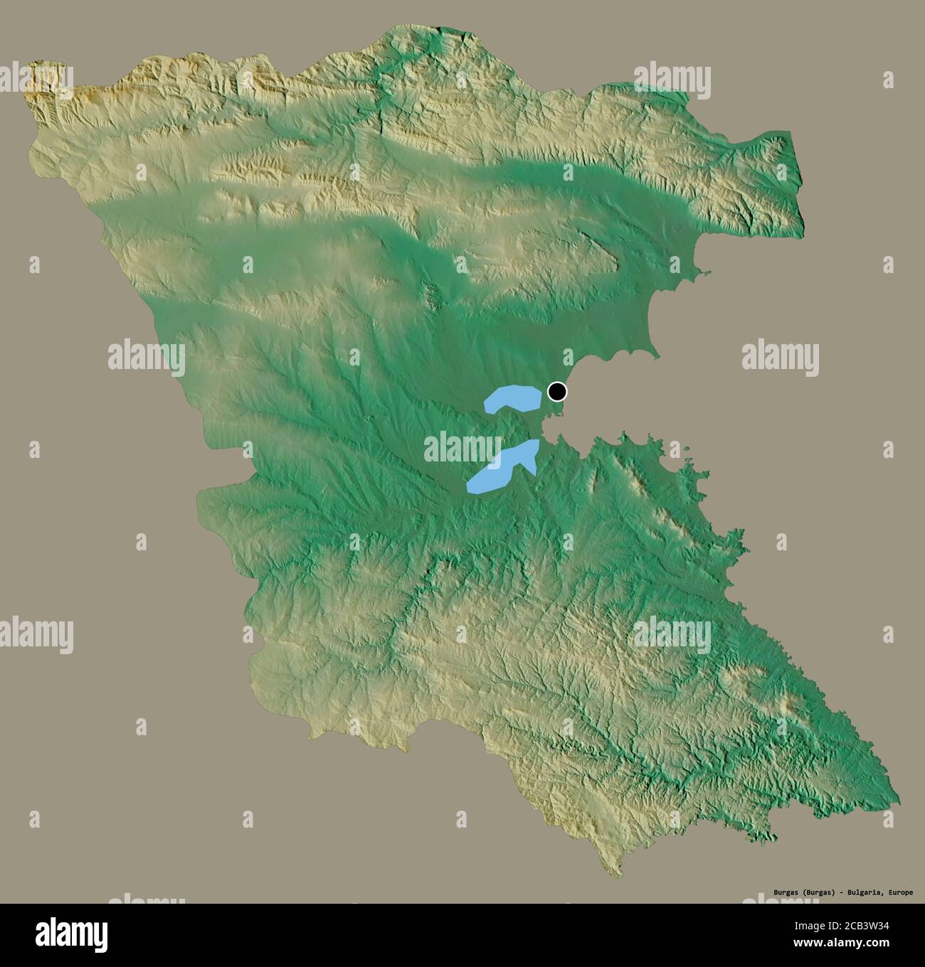 Shape of Burgas, province of Bulgaria, with its capital isolated on a ...