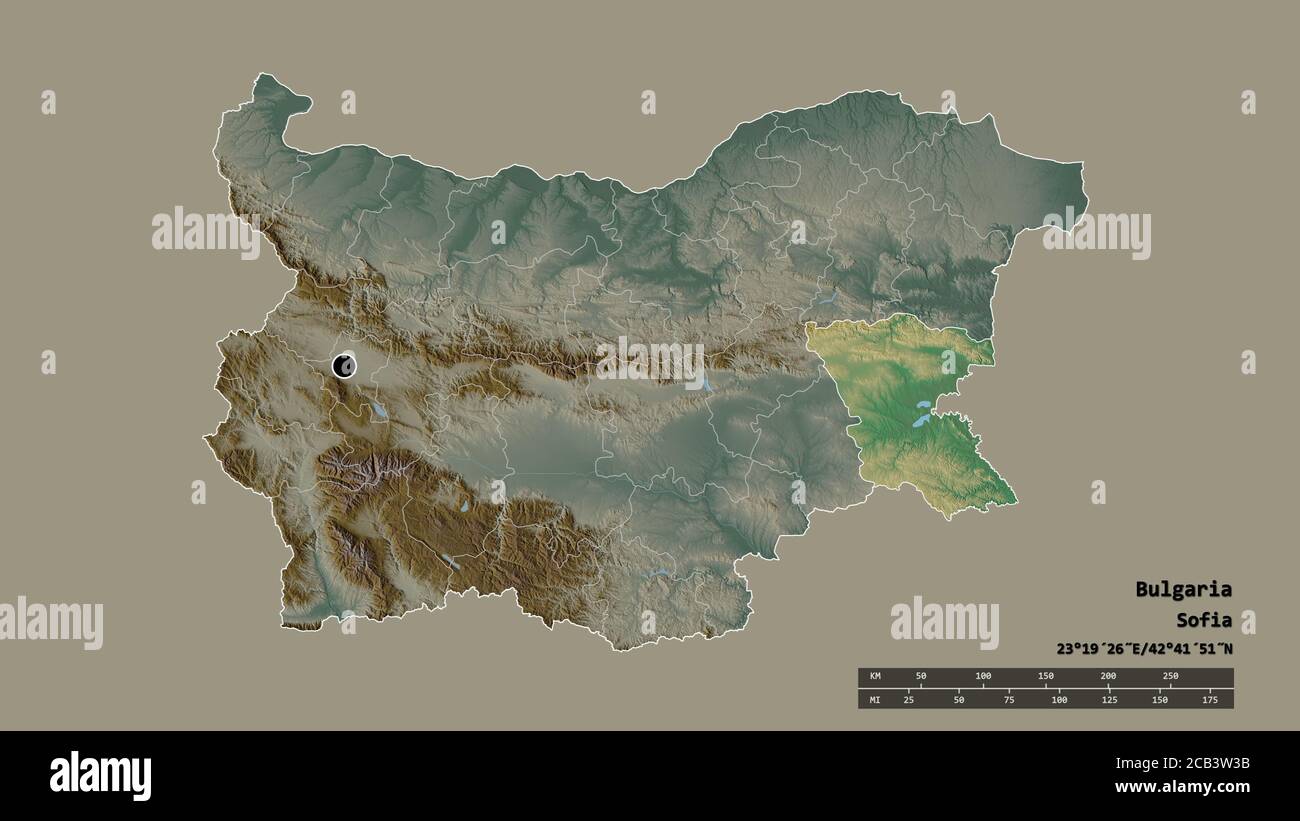 Desaturated shape of Bulgaria with its capital, main regional division ...