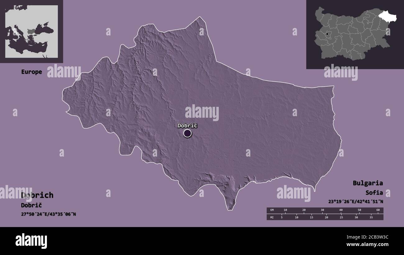 Shape of Dobrich, province of Bulgaria, and its capital. Distance scale ...