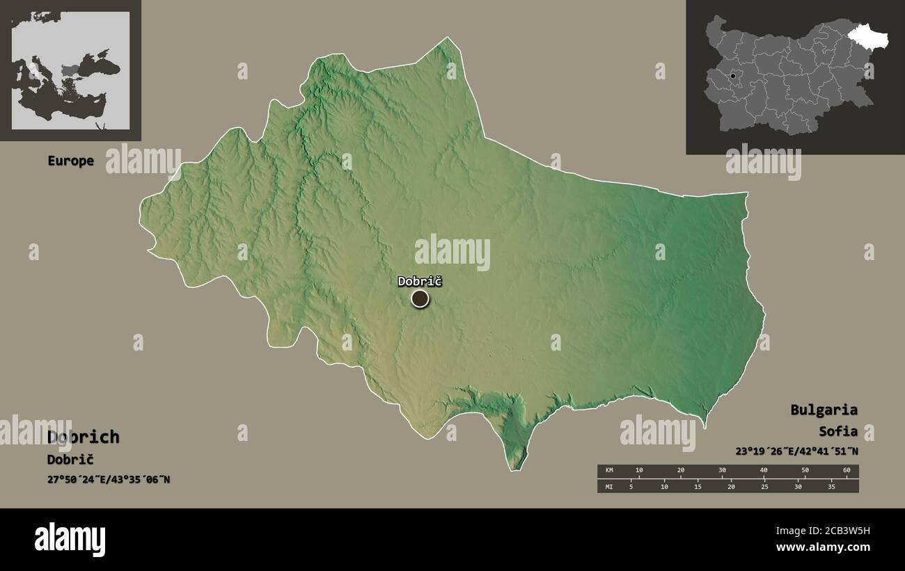 Shape of Dobrich, province of Bulgaria, and its capital. Distance scale ...