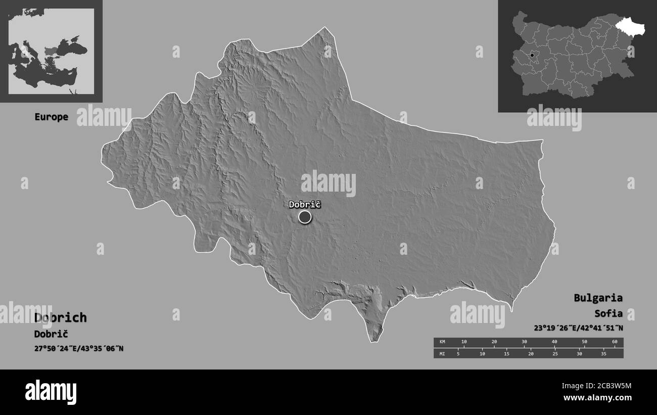 Shape of Dobrich, province of Bulgaria, and its capital. Distance scale ...