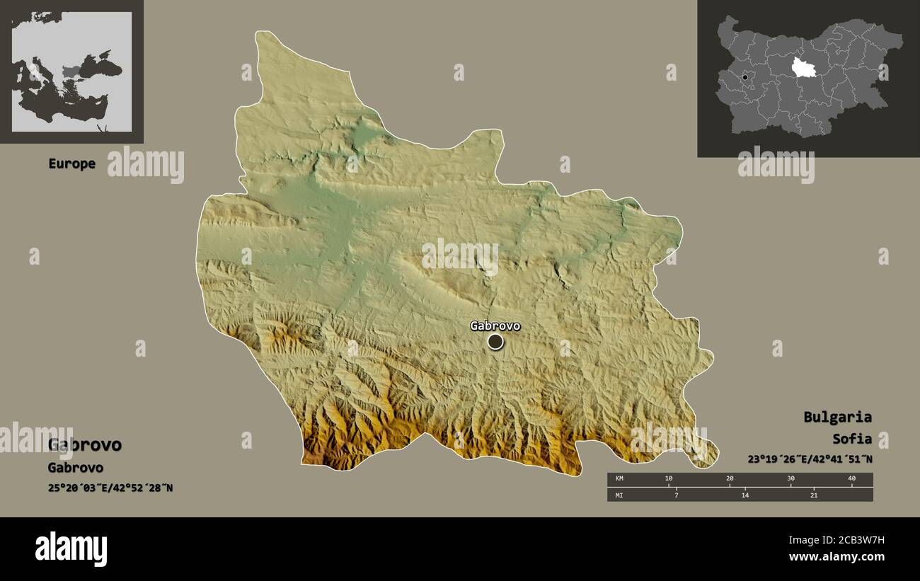 Shape of Gabrovo, province of Bulgaria, and its capital. Distance scale ...