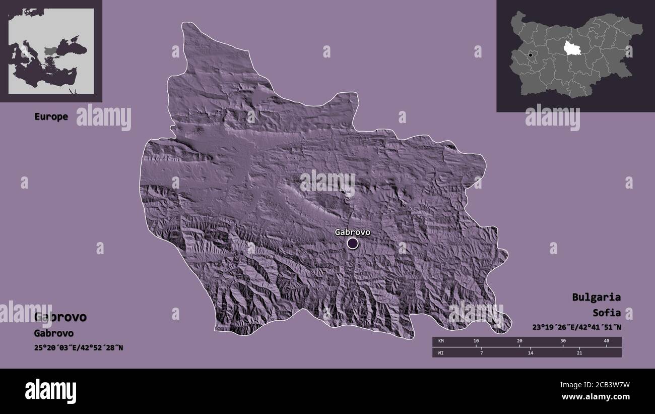 Shape of Gabrovo, province of Bulgaria, and its capital. Distance scale ...