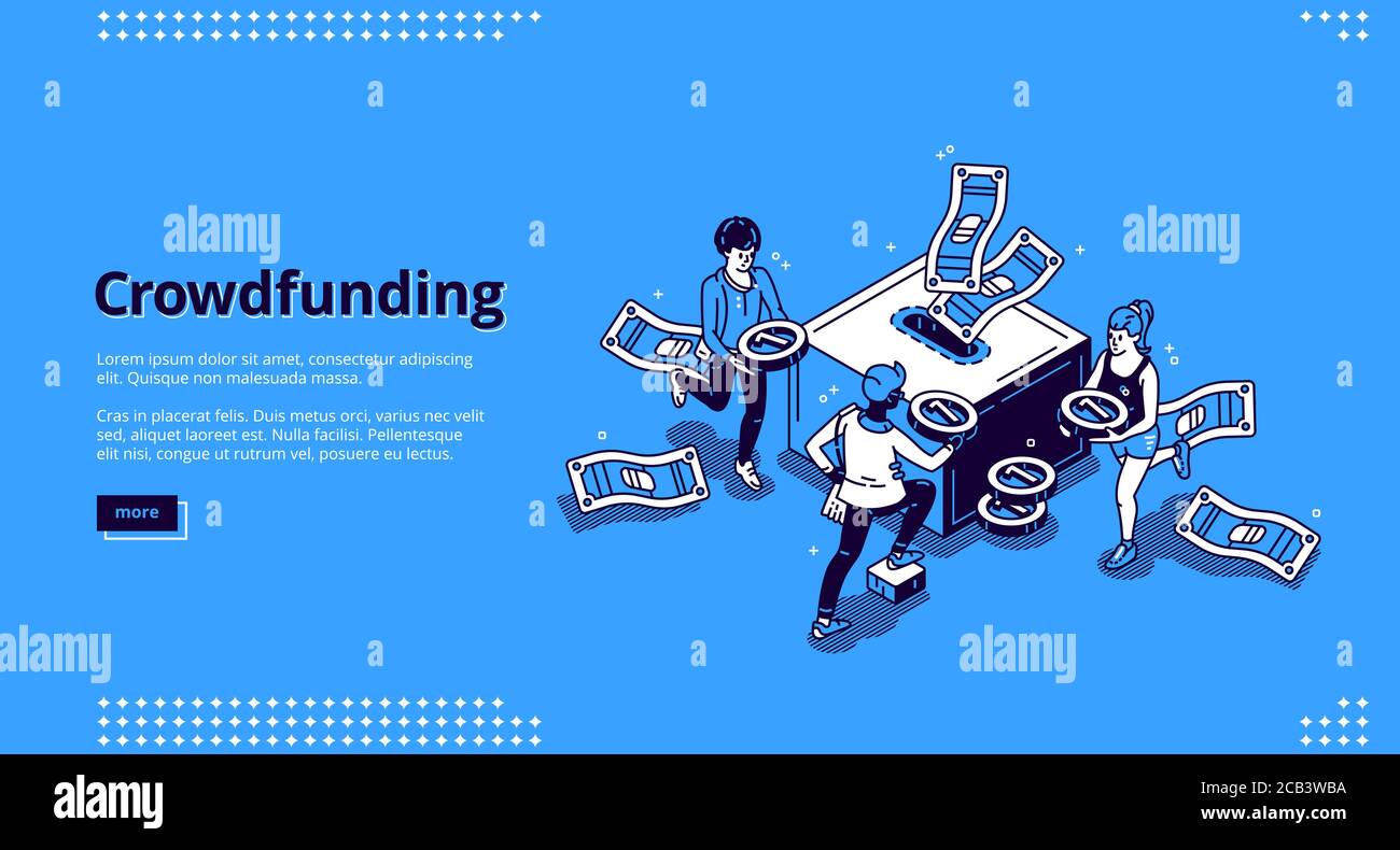 Crowdfunding isometric landing page. People donate money for creative ...