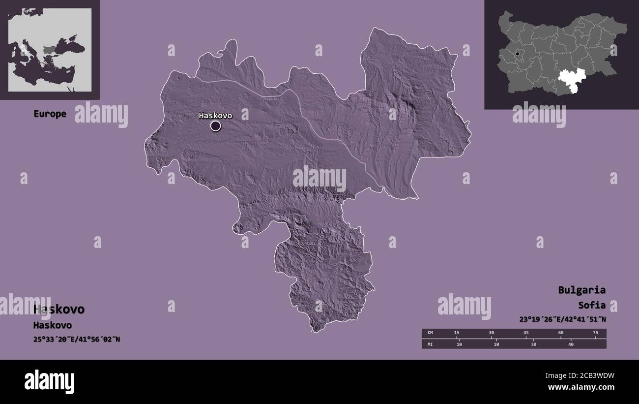 Shape of Haskovo, province of Bulgaria, and its capital. Distance scale ...