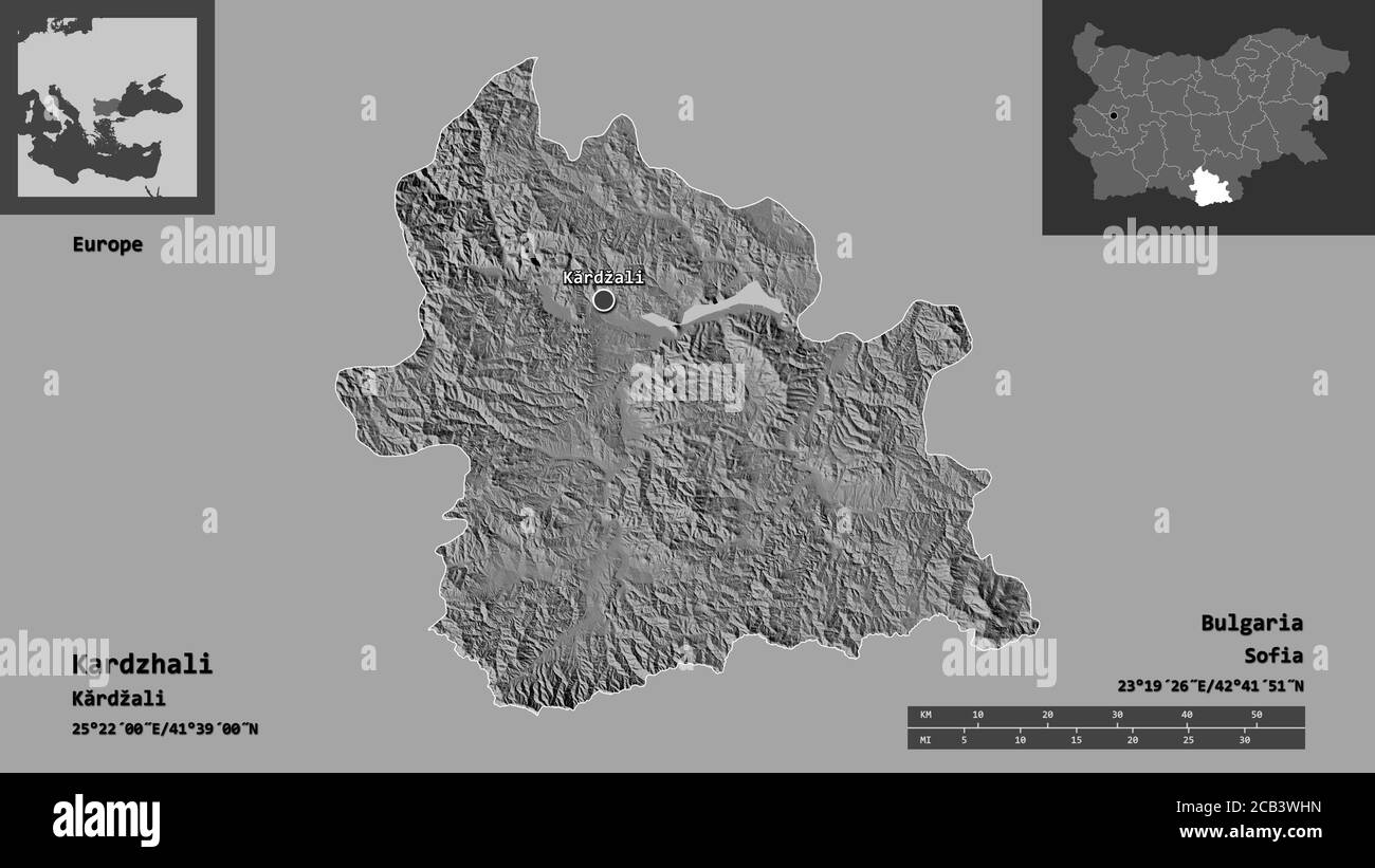 Shape of Kardzhali, province of Bulgaria, and its capital. Distance ...