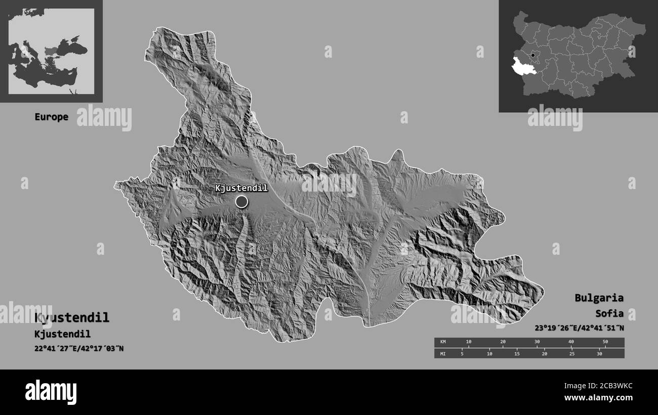 Shape of Kyustendil, province of Bulgaria, and its capital. Distance ...