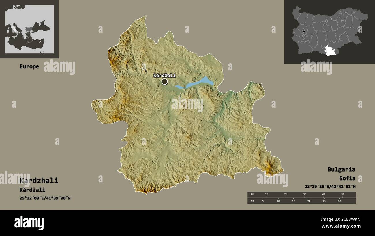 Shape of Kardzhali, province of Bulgaria, and its capital. Distance ...