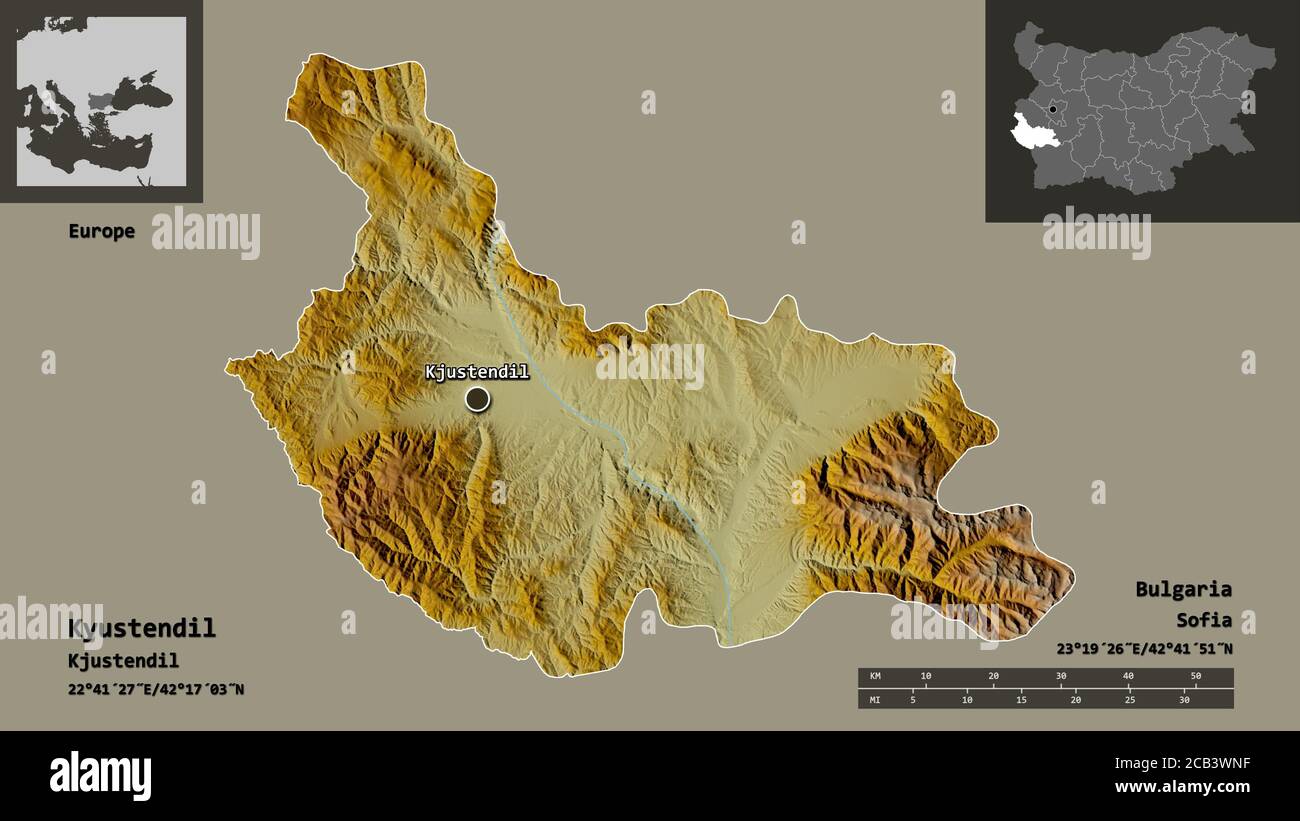 Shape of Kyustendil, province of Bulgaria, and its capital. Distance ...