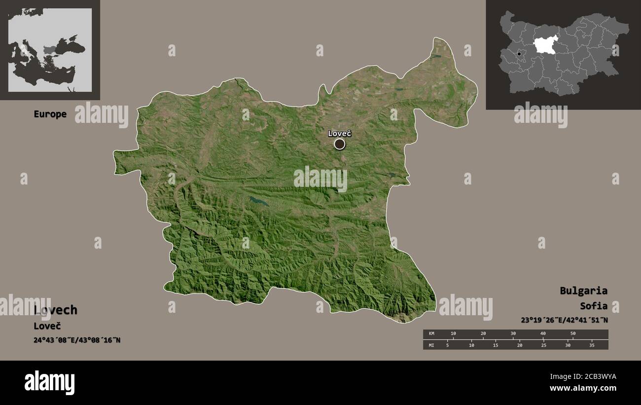 Shape of Lovech, province of Bulgaria, and its capital. Distance scale ...