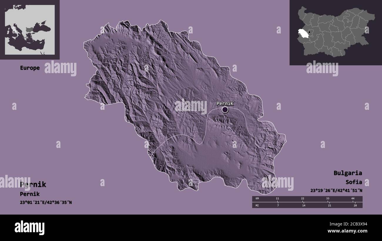 Shape of Pernik, province of Bulgaria, and its capital. Distance scale ...