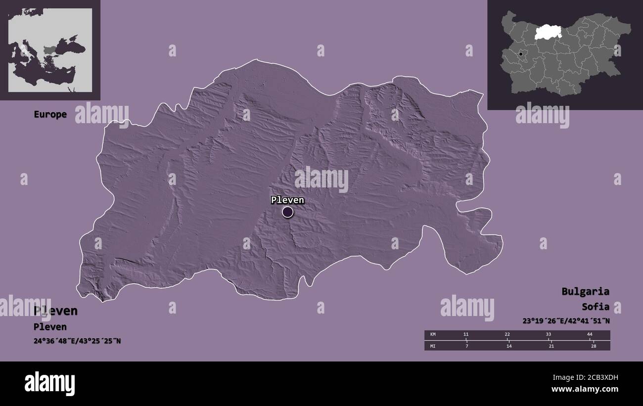 Shape of Pleven, province of Bulgaria, and its capital. Distance scale ...