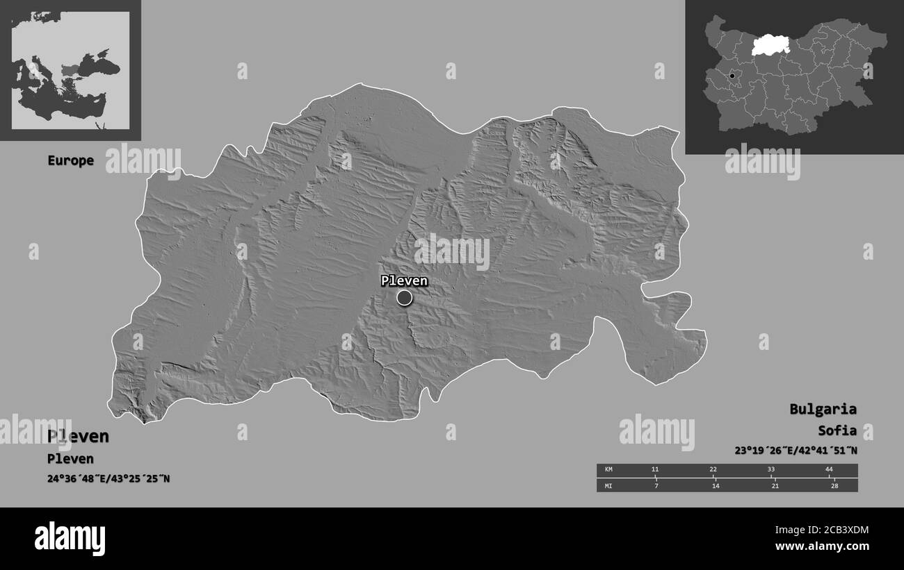 Shape of Pleven, province of Bulgaria, and its capital. Distance scale ...