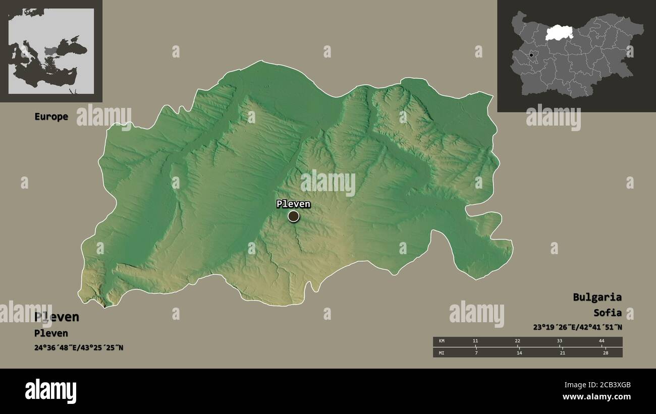 Shape of Pleven, province of Bulgaria, and its capital. Distance scale ...