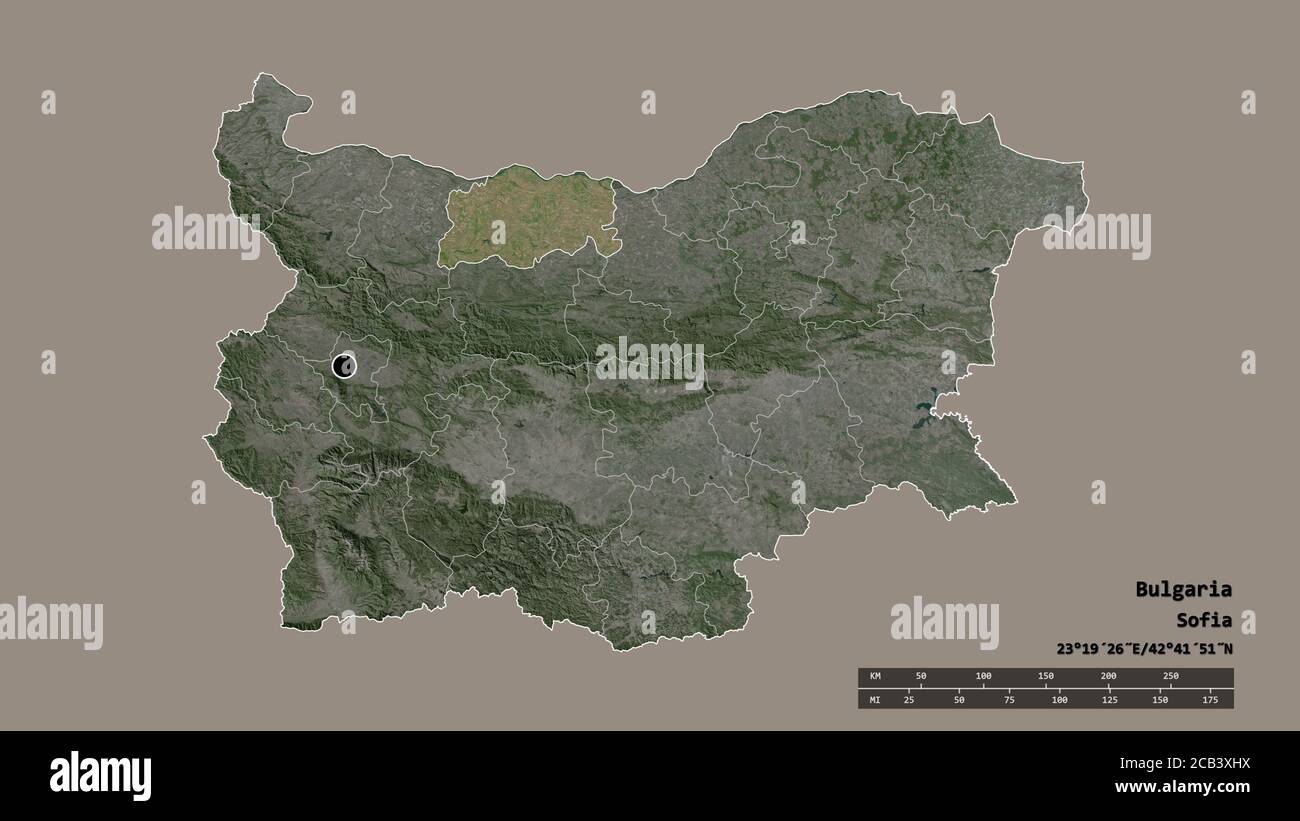 Desaturated shape of Bulgaria with its capital, main regional division ...