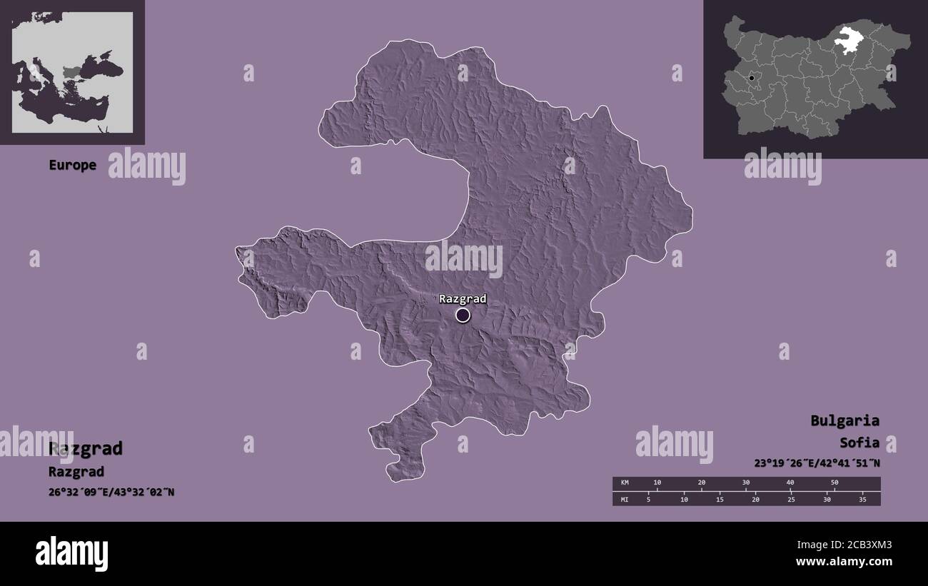 Shape of Razgrad, province of Bulgaria, and its capital. Distance scale ...