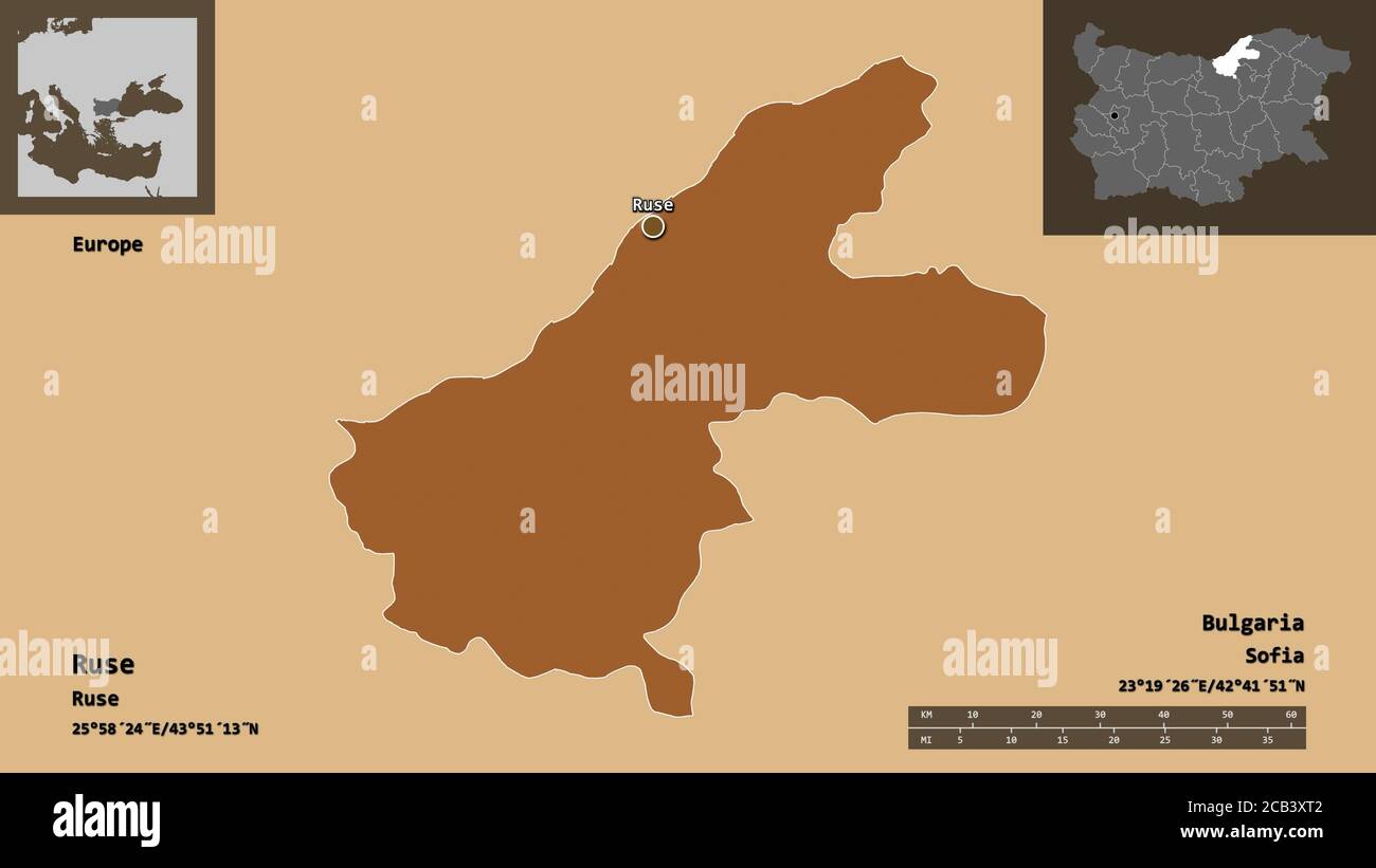 Shape of Ruse, province of Bulgaria, and its capital. Distance scale ...