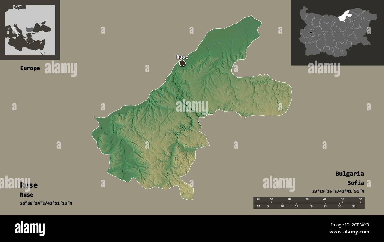 Shape of Ruse, province of Bulgaria, and its capital. Distance scale ...