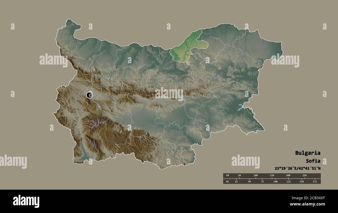 Desaturated shape of Bulgaria with its capital, main regional division ...