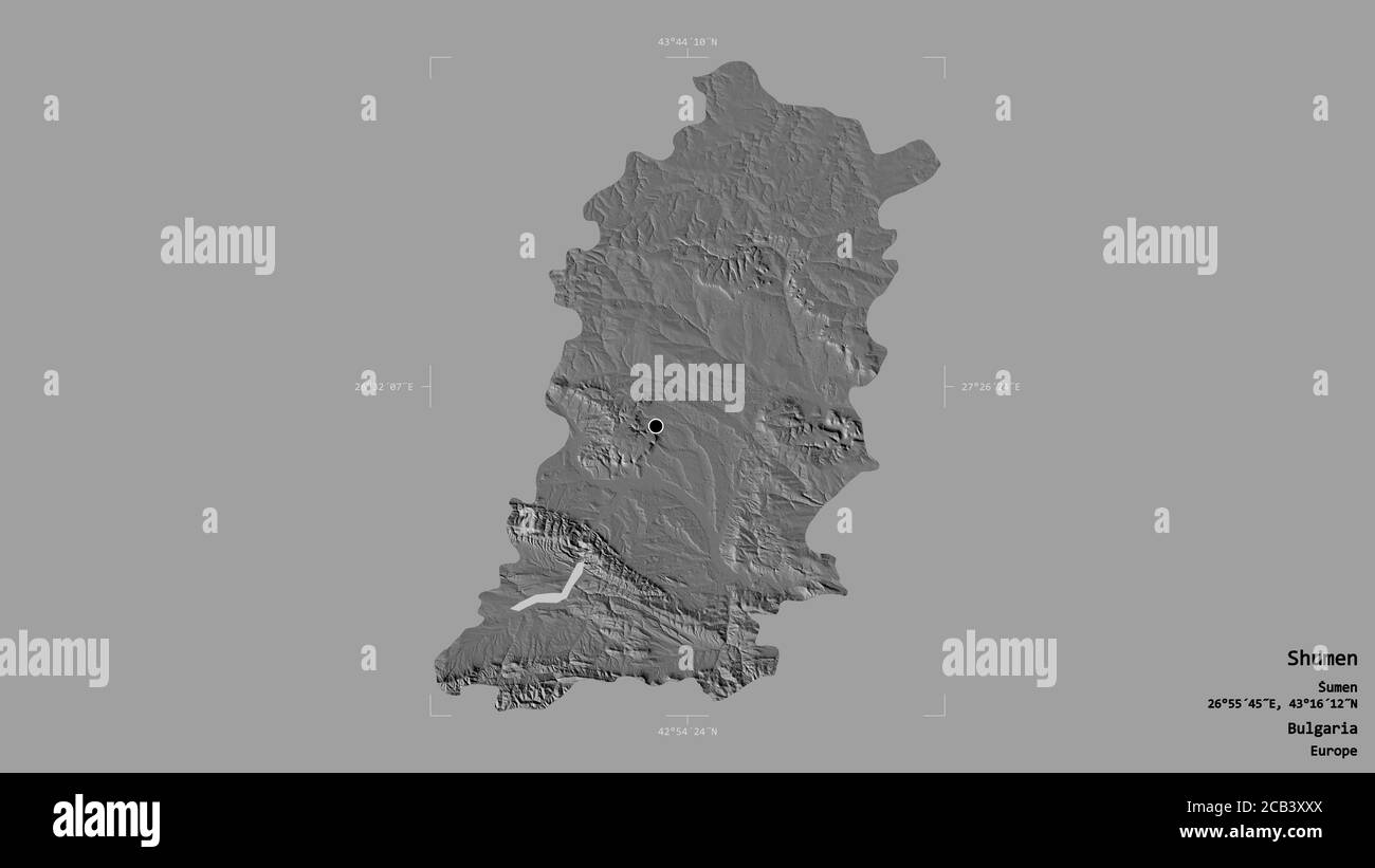 Area of Shumen, province of Bulgaria, isolated on a solid background in ...