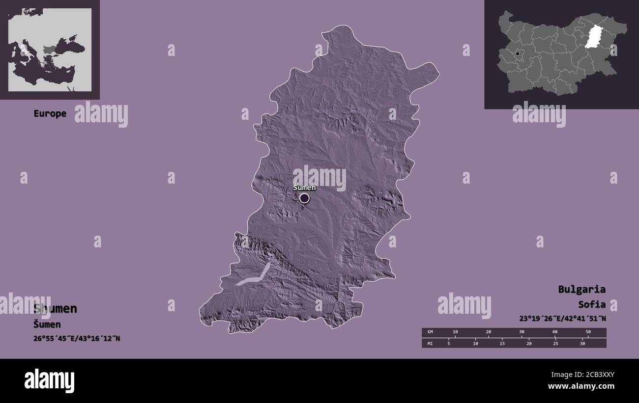 Shape of Shumen, province of Bulgaria, and its capital. Distance scale ...