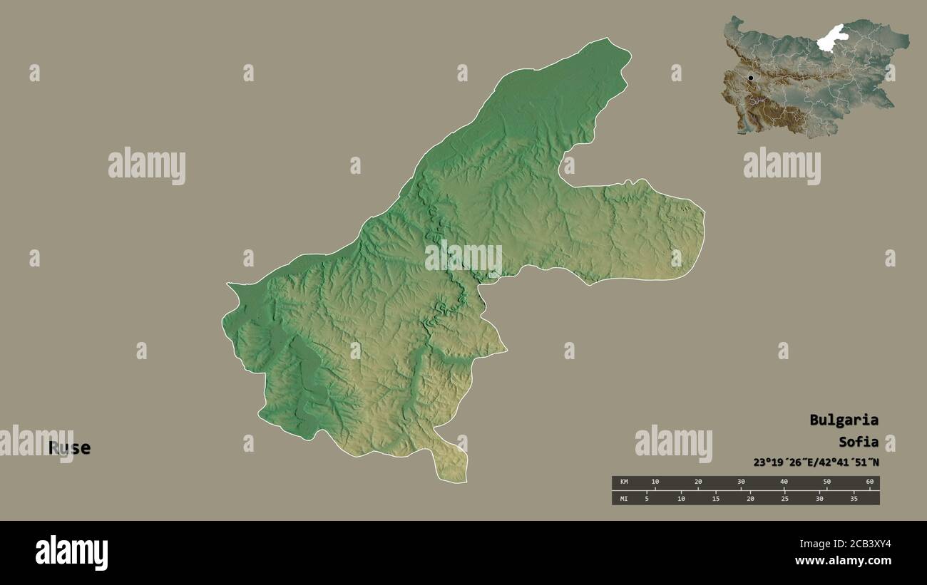 Shape of Ruse, province of Bulgaria, with its capital isolated on solid ...
