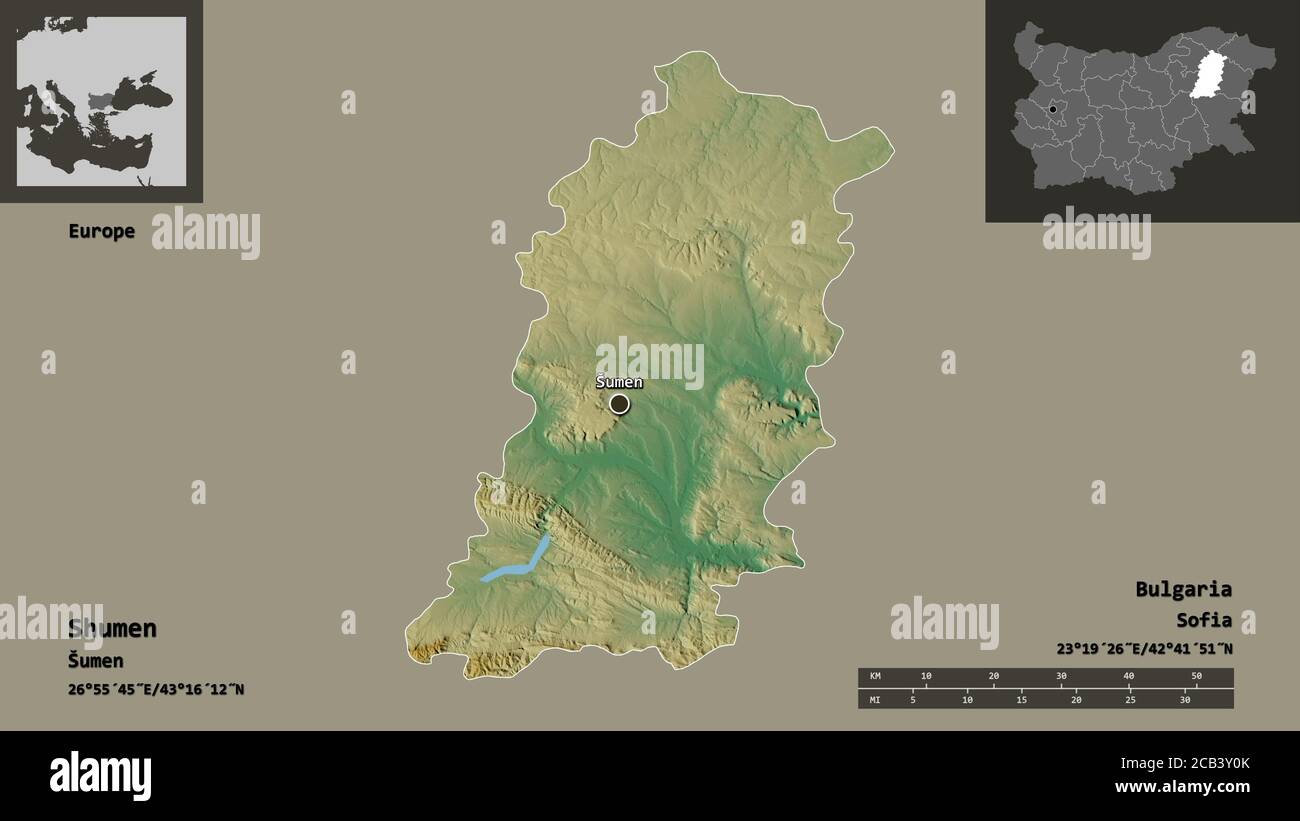 Shape of Shumen, province of Bulgaria, and its capital. Distance scale ...