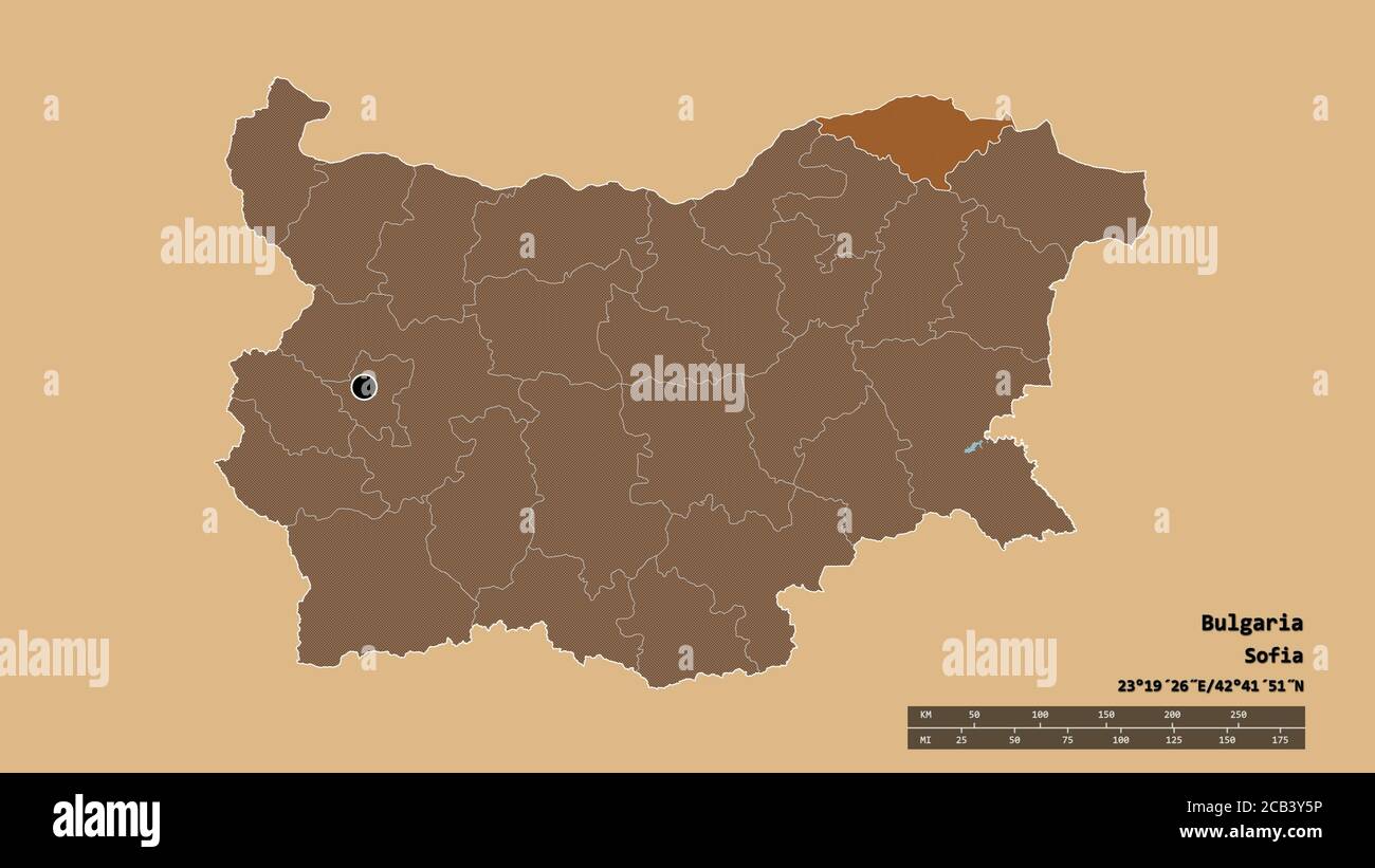 Desaturated shape of Bulgaria with its capital, main regional division ...
