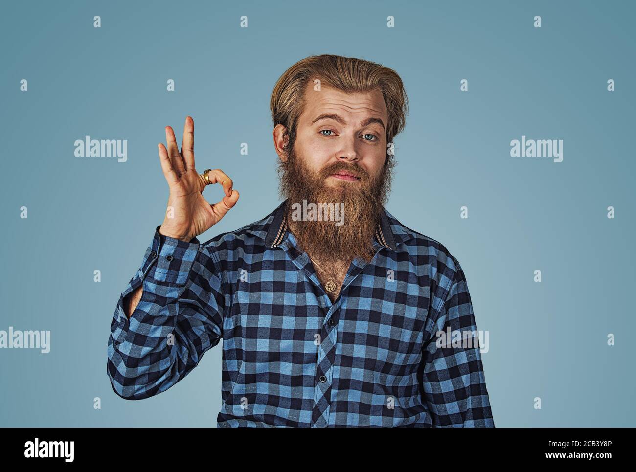 Portrait of sarcastic young, sad man, funny looking guy showing OK sign ...