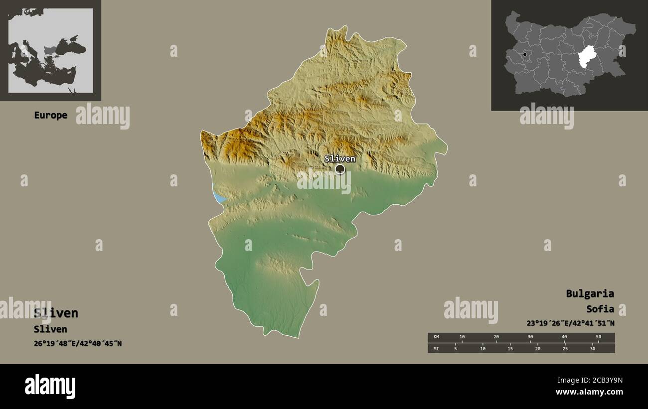 Shape of Sliven, province of Bulgaria, and its capital. Distance scale ...