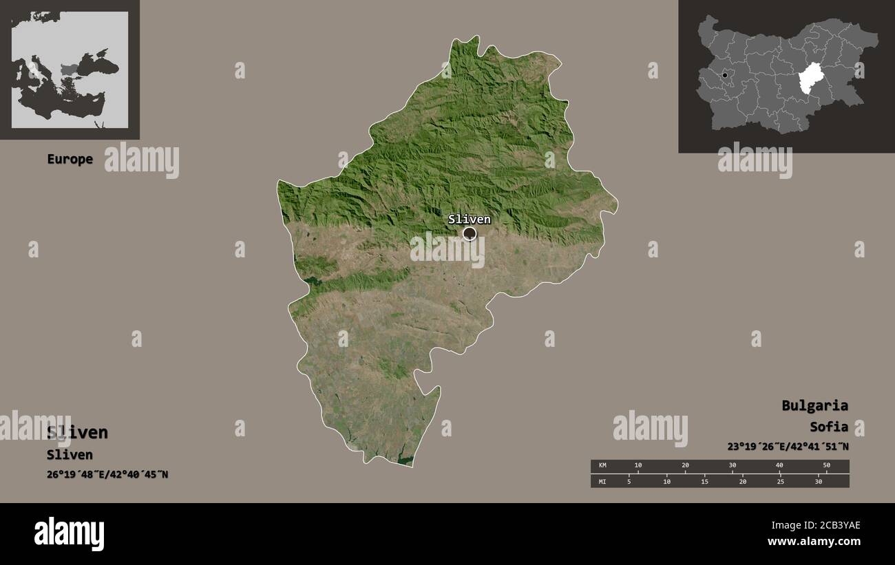 Shape of Sliven, province of Bulgaria, and its capital. Distance scale ...