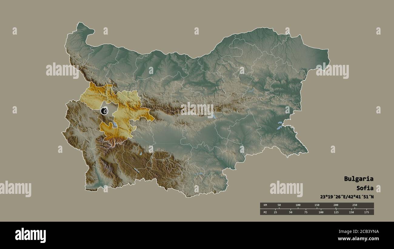 Desaturated shape of Bulgaria with its capital, main regional division ...
