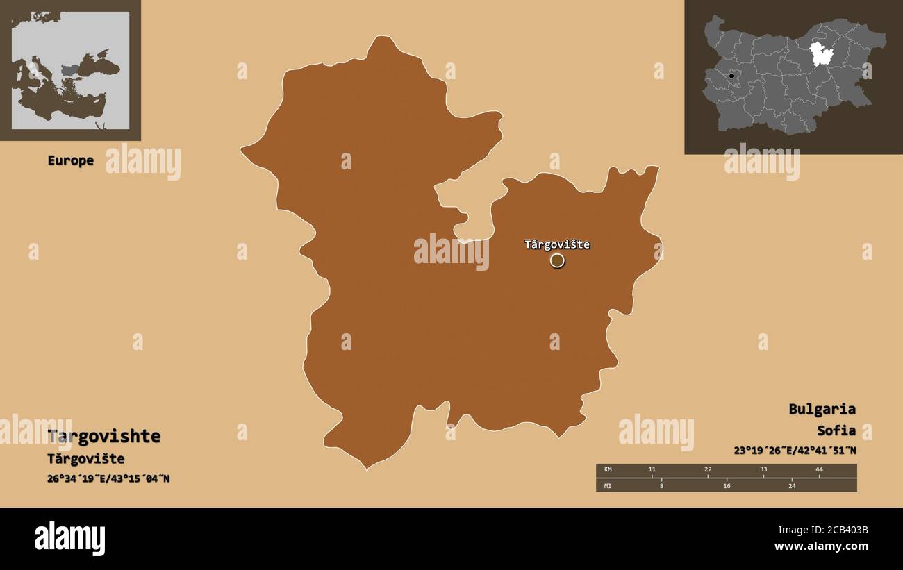 Shape of Targovishte, province of Bulgaria, and its capital. Distance ...