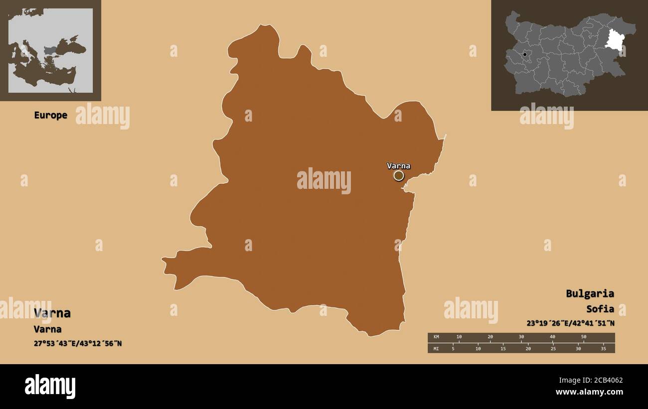 Shape of Varna, province of Bulgaria, and its capital. Distance scale ...