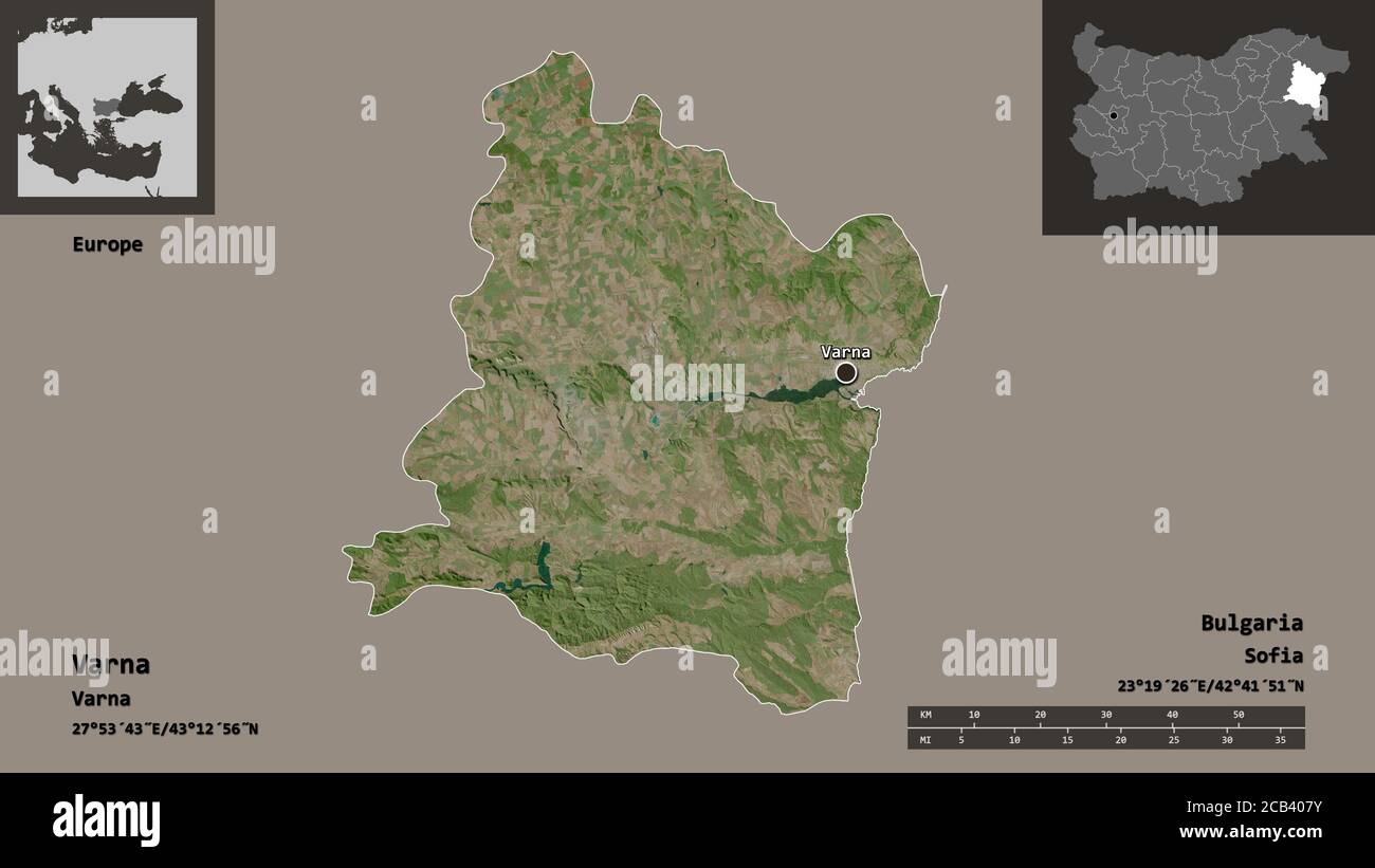 Shape of Varna, province of Bulgaria, and its capital. Distance scale ...