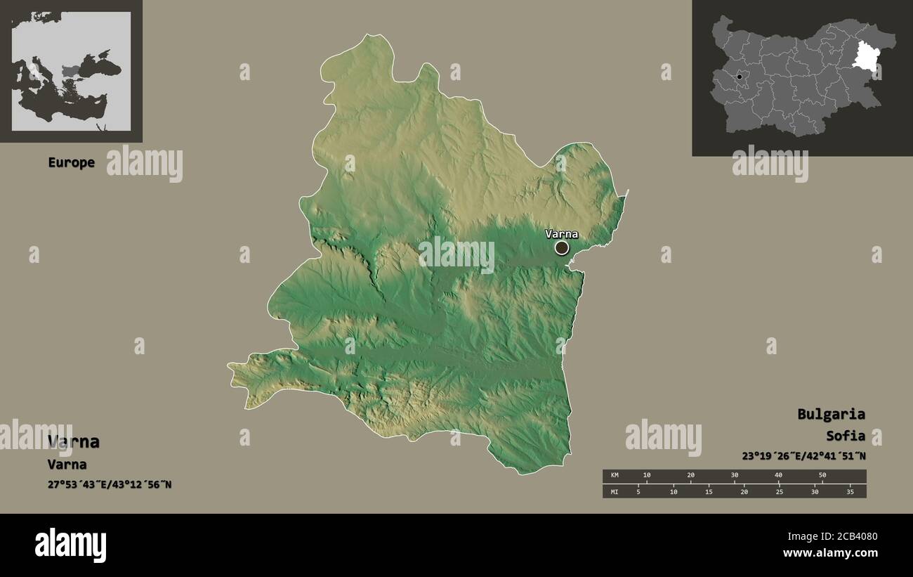 Shape of Varna, province of Bulgaria, and its capital. Distance scale ...