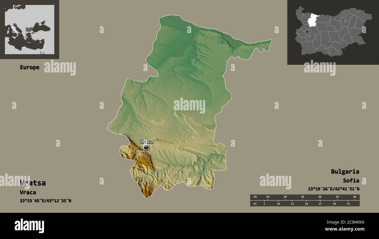 Shape of Vratsa, province of Bulgaria, and its capital. Distance scale ...