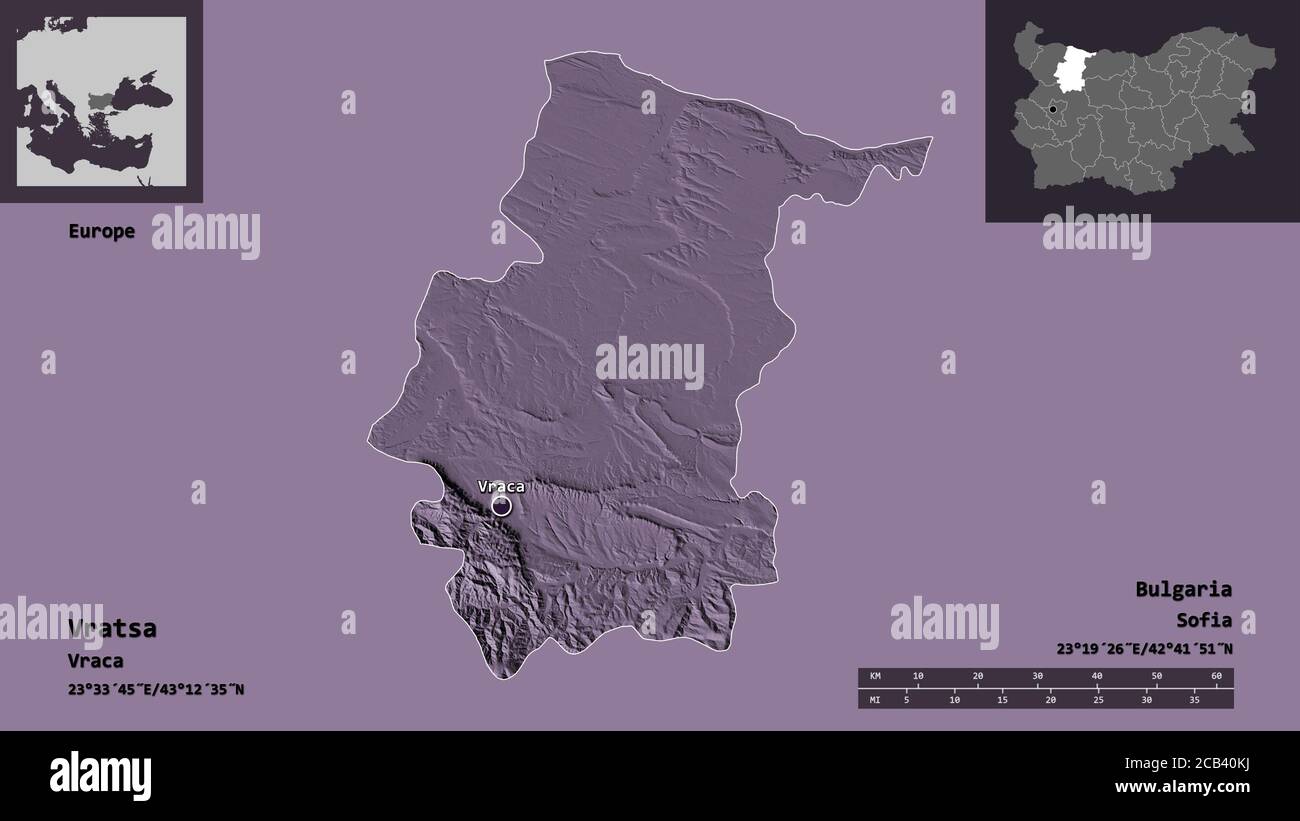 Shape of Vratsa, province of Bulgaria, and its capital. Distance scale ...