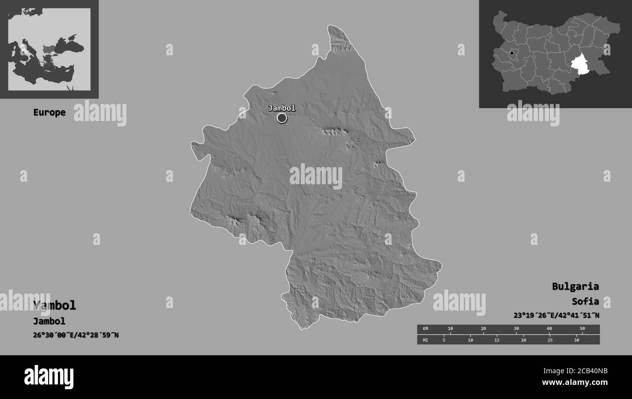 Shape of Yambol, province of Bulgaria, and its capital. Distance scale ...