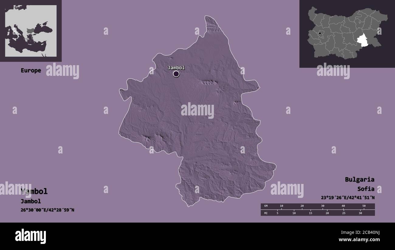 Shape of Yambol, province of Bulgaria, and its capital. Distance scale ...
