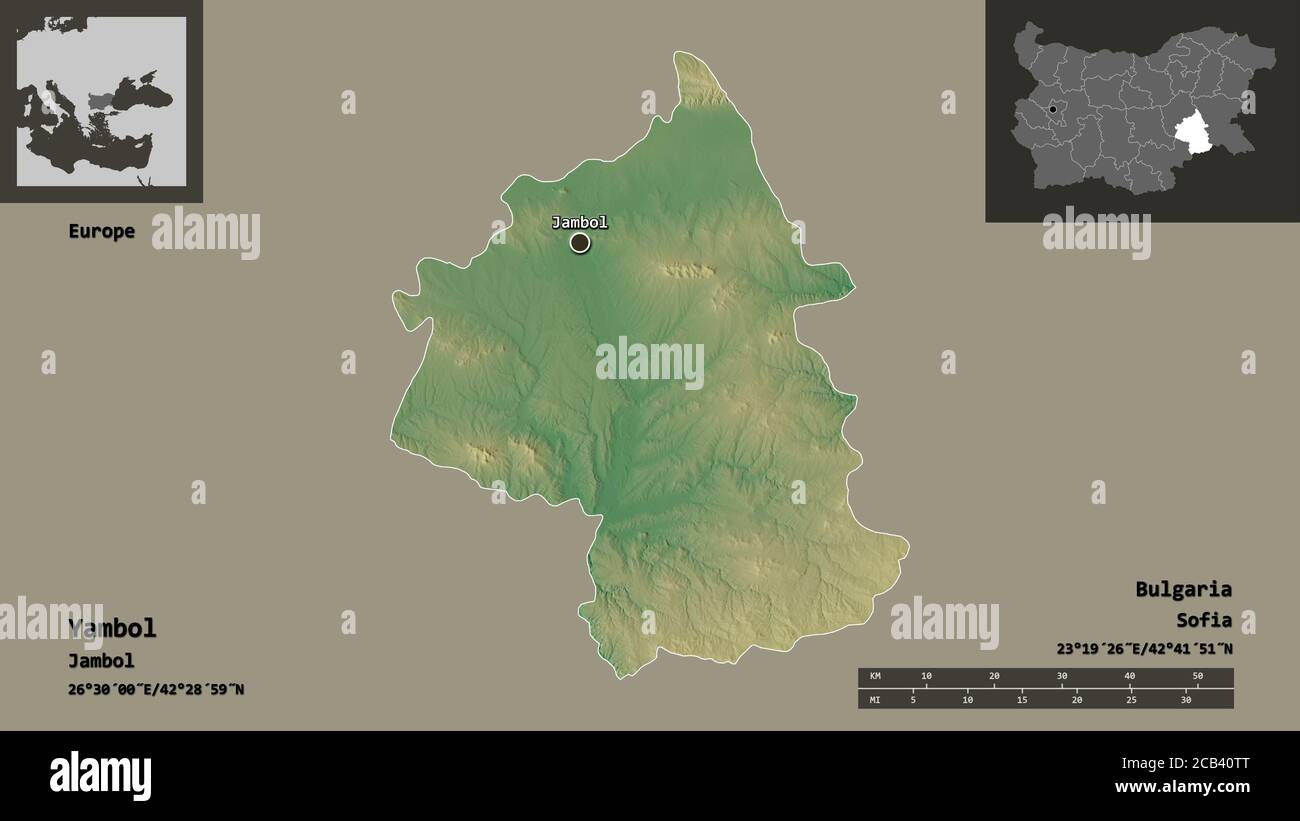 Shape of Yambol, province of Bulgaria, and its capital. Distance scale ...