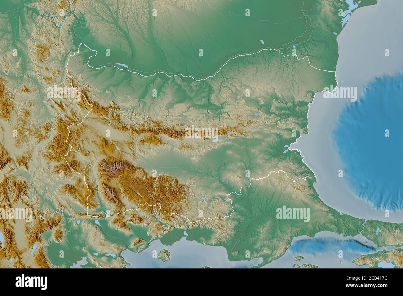 Extended area of outlined Bulgaria. Topographic relief map. 3D ...