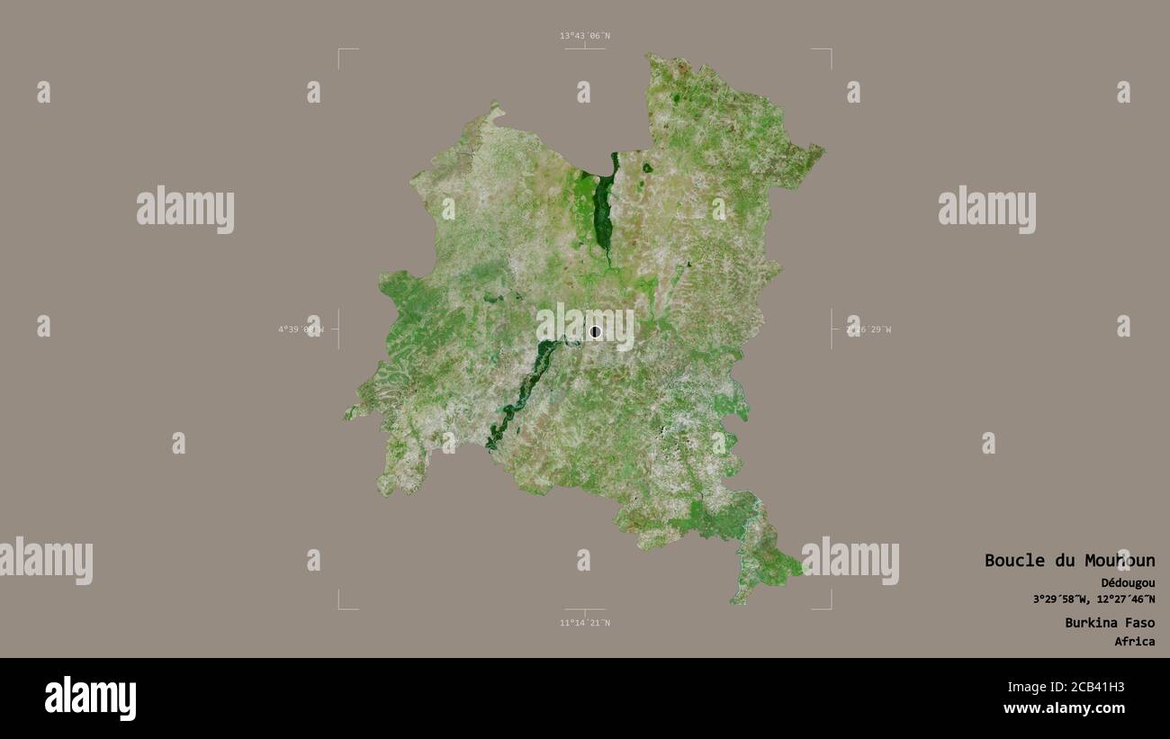 Area of Boucle du Mouhoun, region of Burkina Faso, isolated on a solid ...