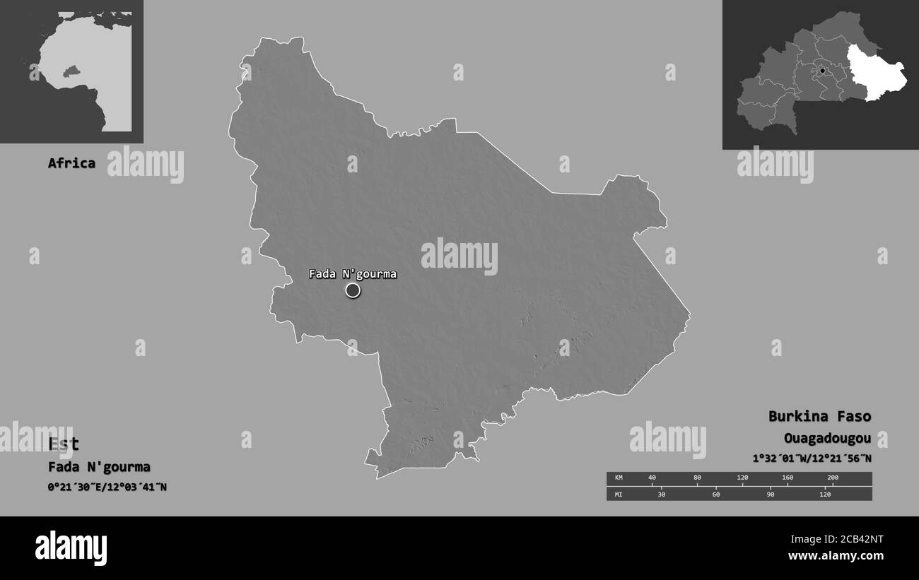 Shape of Est, region of Burkina Faso, and its capital. Distance scale ...