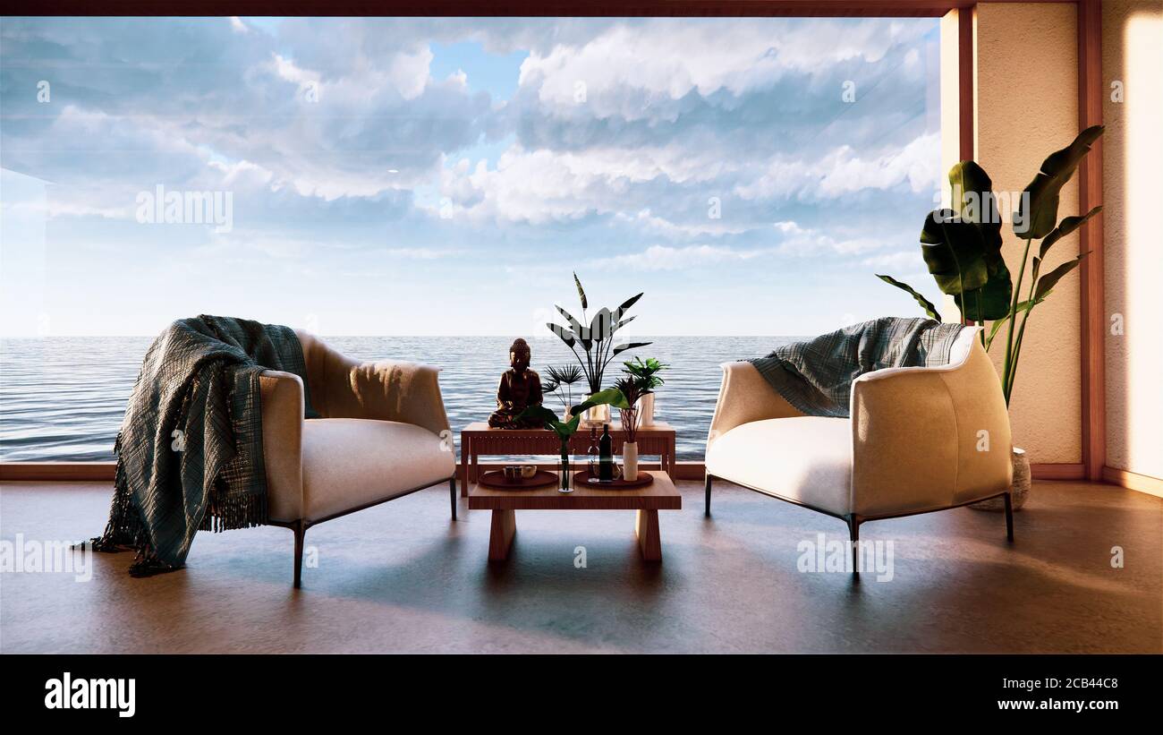 Japan room interior - Japanese style. 3D rendering in view sea.3D ...