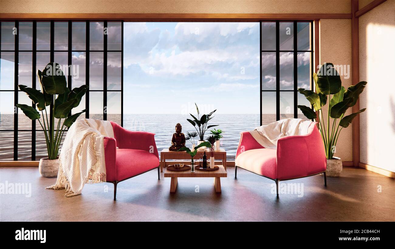 Japan room interior - Japanese style. 3D rendering in view sea.3D ...